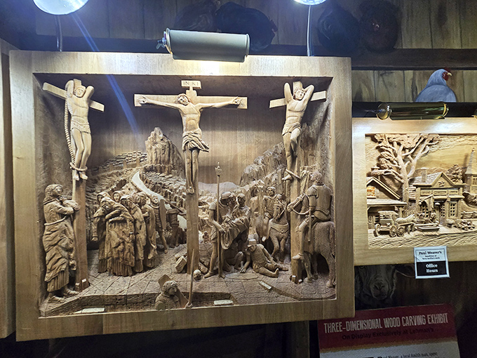 This intricate wood carving depicts biblical scenes with stunning craftsmanship&mdash;art and faith intertwined in three-dimensional storytelling.