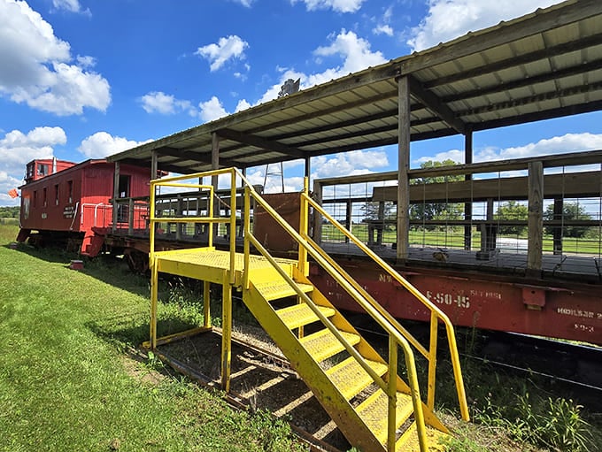 This cheerful yellow staircase invites you to climb aboard for an experience that's elevated in more ways than one, no frequent flyer miles required for this journey.