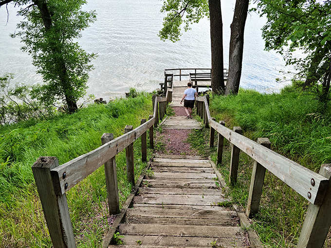 Stairs: These wooden steps descend to the shoreline like nature's welcome mat, promising lakeside tranquility at the bottom.