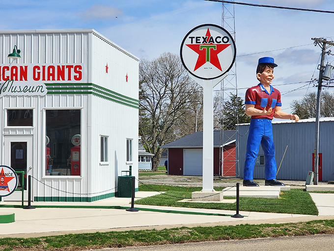 Honey, I shrunk the tourists! A vintage Texaco station houses these towering "Muffler Men" figures that once dotted America's highways.