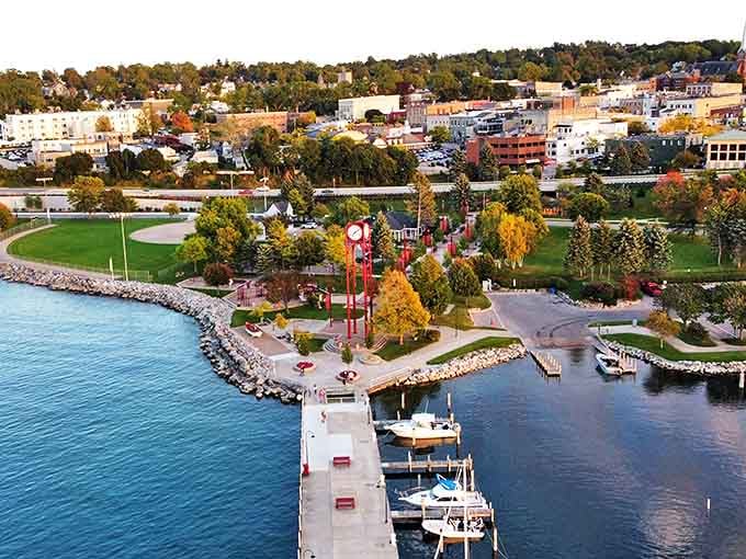 Petoskey's waterfront park and marina create a postcard-perfect scene where boats bob gently against the backdrop of this charming resort town.
