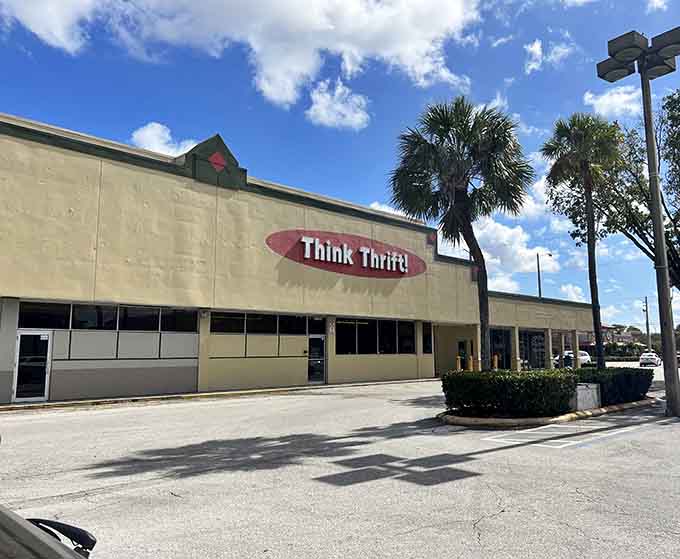 Think Thrift Store's clean exterior and welcoming entrance promise an organized shopping experience ahead.