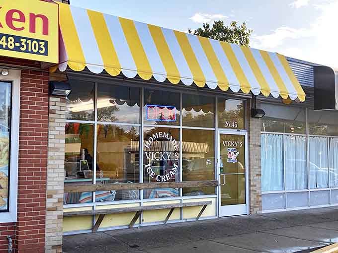 Vicky's Ice Cream's cheerful yellow awning brightens up this Redford Township corner. The simple storefront hides award-winning homemade ice cream that locals have treasured for years.