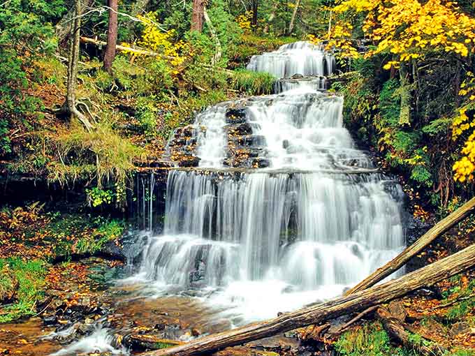 Wagner Falls stretches wide across moss-covered rocks, creating a gentle curtain of water in the heart of the forest.