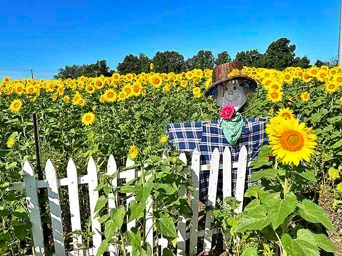 A friendly scarecrow stands guard at Munsell Farms, welcoming visitors to this golden paradise with a country smile.