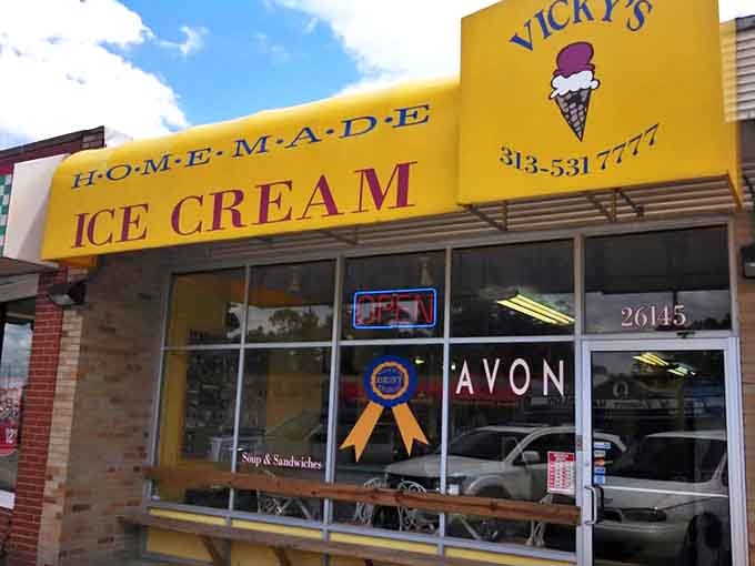The bright yellow signage of Vicky's Homemade Ice Cream promises authentic, handcrafted flavors. Their blue ribbon award in the window speaks to the quality inside this neighborhood gem.