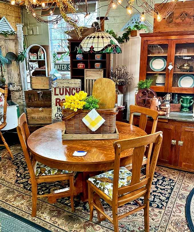 This isn't just furniture &ndash; it's a stage for life's moments. The oak dining set with mismatched chairs invites imaginary gatherings spanning decades.