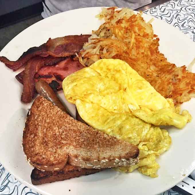 The American breakfast in all its glory &ndash; eggs, meat, and hash browns forming the holy trinity of morning satisfaction.