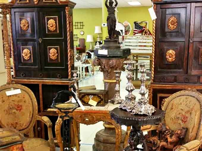 Ornate cabinets and elegant furniture pieces that wouldn't look out of place in a European castle or very fancy estate sale.