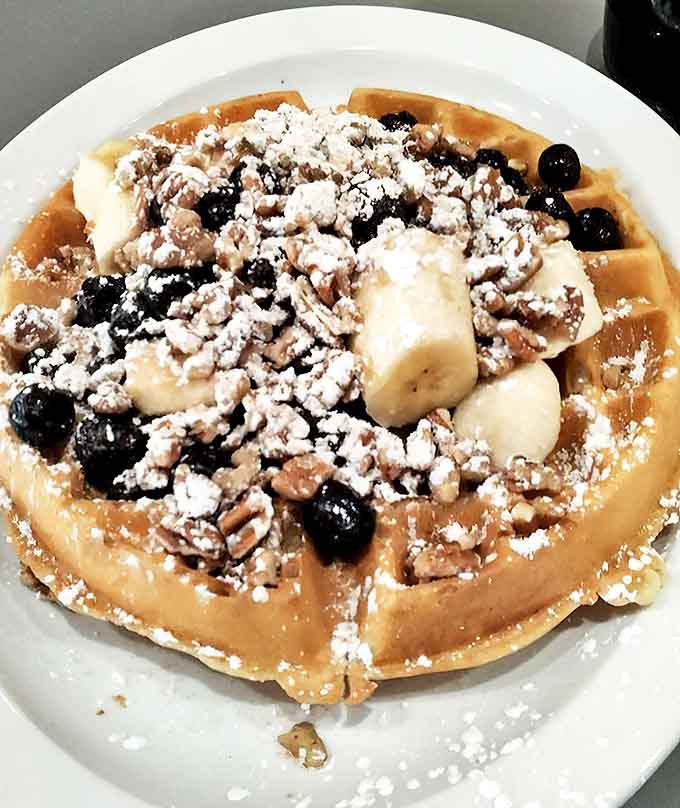 The Kamikaze Style waffle brings together blueberries, bananas and pecans in a breakfast masterpiece that somehow makes you feel virtuous while indulging.