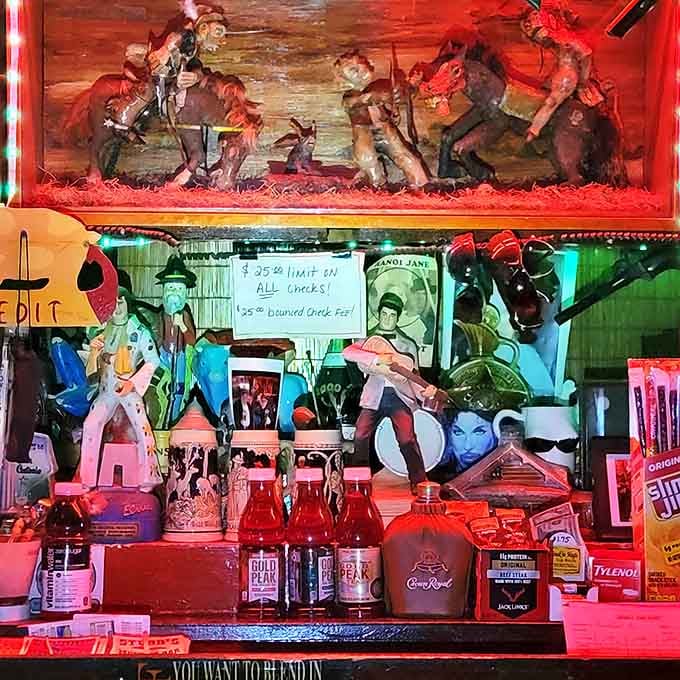 Every inch of bar decor tells a story, from vintage signs to quirky collectibles that make you wonder about their journey here.