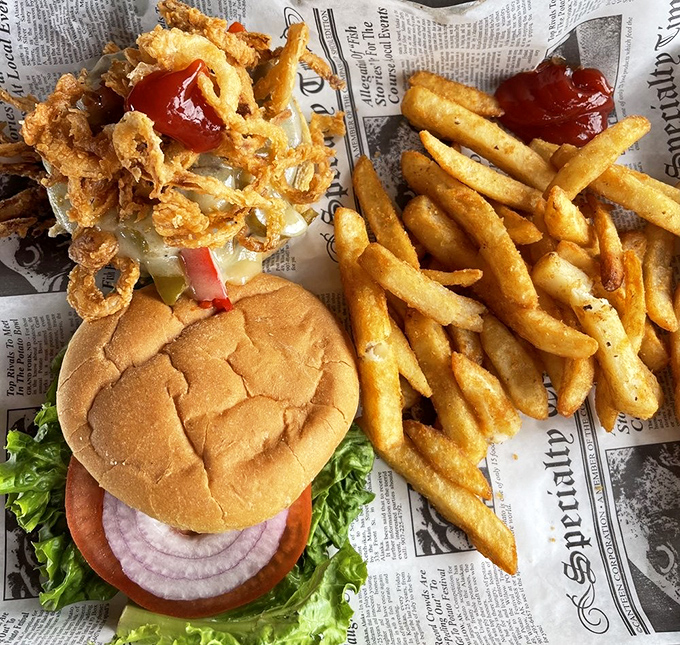 Some call it a burger, I call it edible art. Crispy onion straws and melty cheese create the kind of messy perfection that justifies the extra napkins.