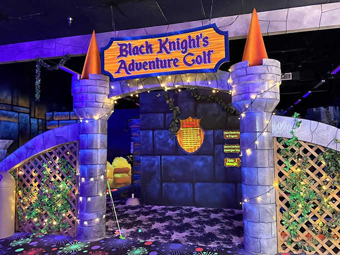 The Black Knight's Adventure Golf entrance beckons mini-golfers into a medieval putting fantasy where dragons might be lurking.