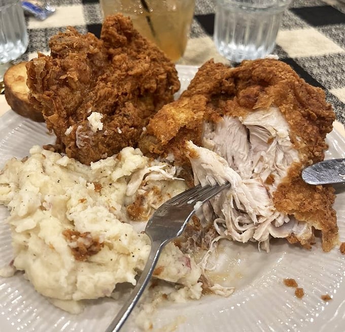 Broasted chicken with a crackling golden exterior that gives way to juicy meat &ndash; comfort food elevated to an art form.