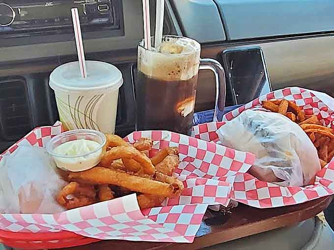 Car dining at its finest. Nothing beats demolishing a burger basket with onion rings while that frosty root beer float waits patiently for dessert.