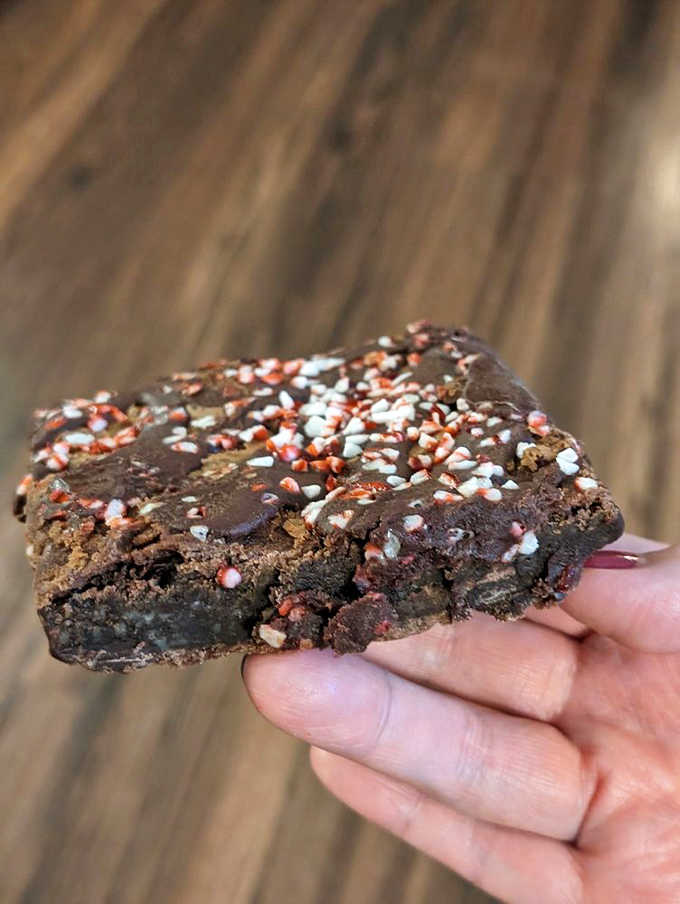This isn't your lunchbox brownie from childhood, it's a sophisticated chocolate square with festive sprinkles that somehow manages to be both grown-up and playful.