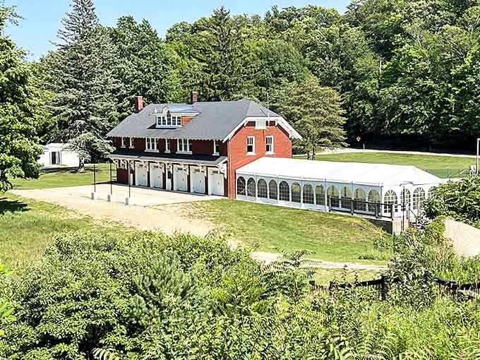 Brick-red charm houses modern gatherings where once horses stomped and carriages waited. History reinvented with elegant practicality.