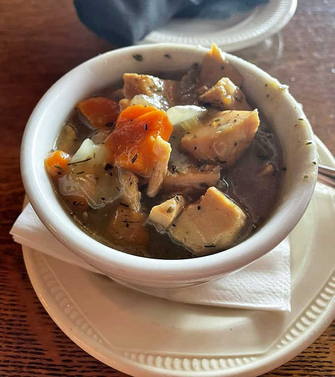 Comfort in a bowl &ndash; tender chunks of chicken, vegetables, and noodles swimming in a rich broth that could cure whatever ails you.