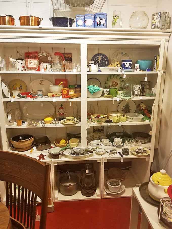 Grandmother's china cabinet reimagined &ndash; this vintage display showcases everyday elegance from an era when meals were events, not afterthoughts.
