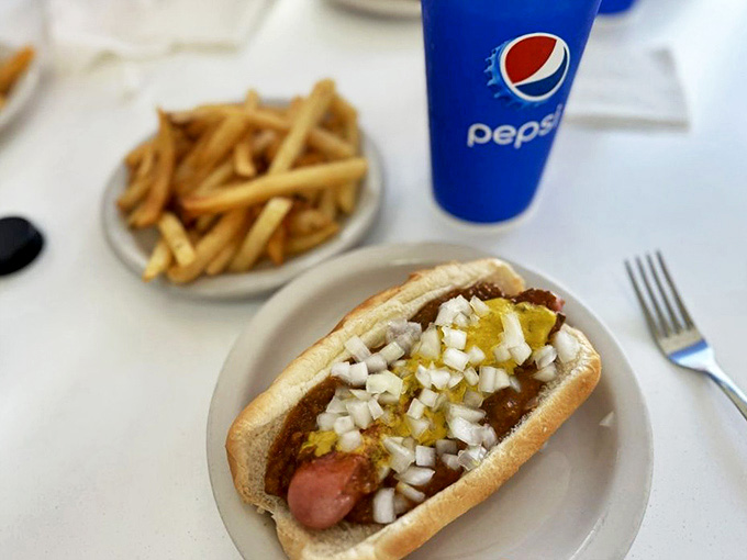 The classic Detroit lunch trifecta: a Coney Island hot dog with all the fixings, golden fries, and an ice-cold Pepsi to wash it all down.