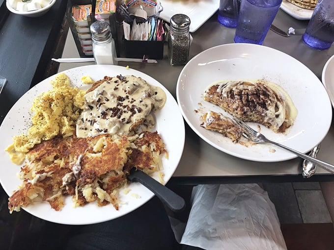 The perfect pairing: cinnamon roll pancakes alongside a country fried steak &ndash; because why choose when you can have both?
