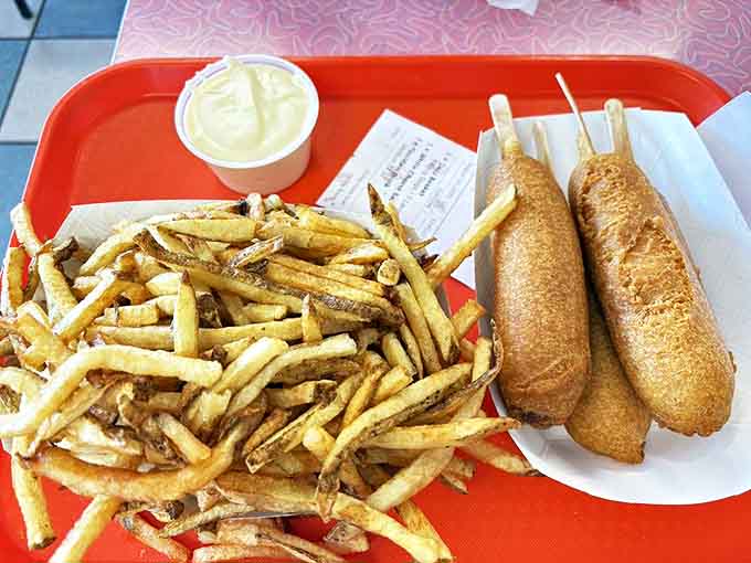 Golden-fried Cozy Dogs paired with fresh-cut fries – the ultimate Route 66 comfort food that's been perfected over generations.