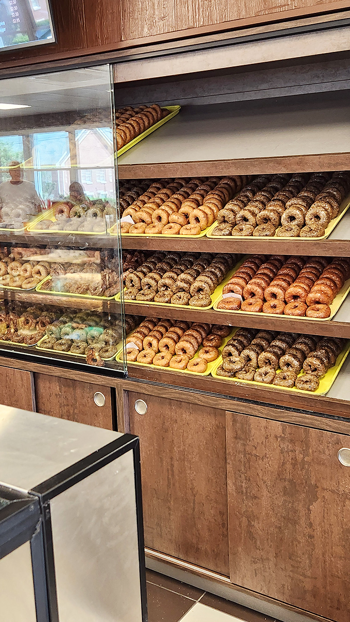 Donut Shelves: The Great Wall of Donuts &ndash; rows of glazed, frosted, and sprinkled perfection that make choosing just one a delicious dilemma.