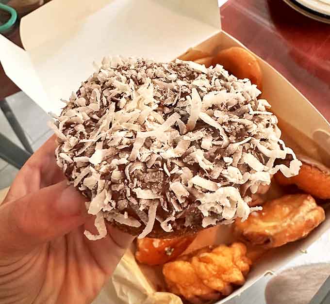 Coconut shavings cascade over chocolate frosting like a tropical snowfall, creating a textural paradise that's impossible to resist.