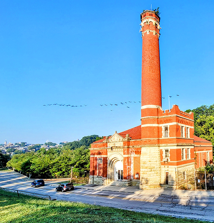 Eden Park Station No. 7 rises like a brick sentinel, its historic tower watching over generations of park visitors.