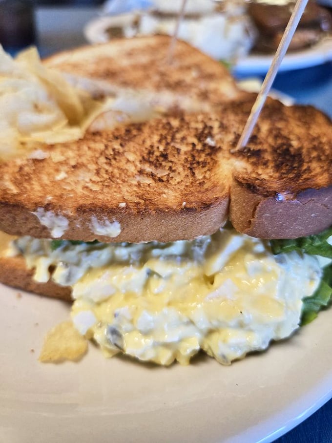 Egg salad: Creamy, perfectly seasoned egg salad nestled between toasted bread – proof that sometimes the simplest sandwiches deliver the most profound satisfaction.