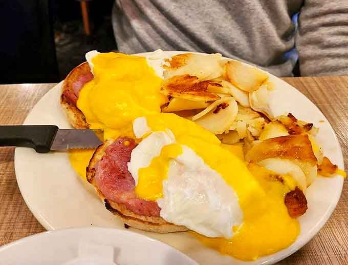 A masterclass in breakfast engineering &ndash; perfectly poached eggs and Canadian bacon smothered in hollandaise that's somehow both rich and light.