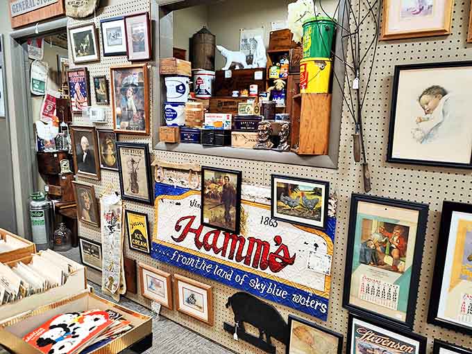 The Hamm's beer sign promises refreshment "From the Land of Sky Blue Waters" while surrounded by vintage portraits of people who probably preferred lemonade.