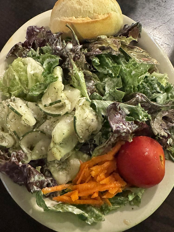 A fresh garden salad provides a crisp counterpoint to the hearty German fare &ndash; because even schnitzel enthusiasts need their vegetables.