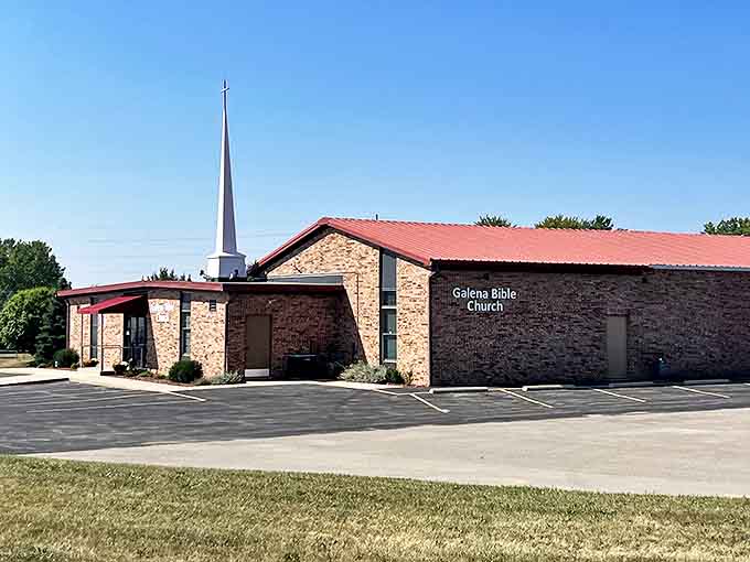 Galena Bible Church reaches skyward with its striking steeple, a spiritual landmark against the clear Illinois sky.