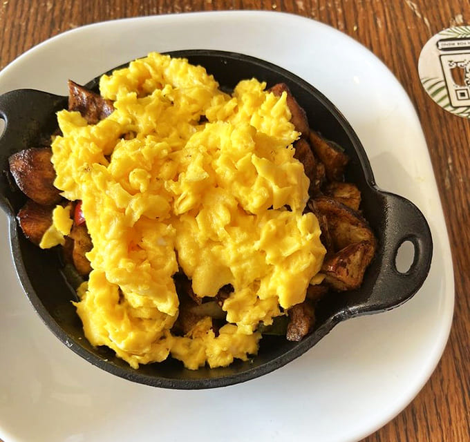 That cast iron skillet isn't just Instagram bait, it's delivering perfectly cooked jerk chicken with eggs in the most satisfying way possible.