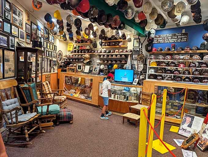 The ceiling collection of signed construction helmets offers silent testimony from the brave workers who built Michigan's iconic bridge.