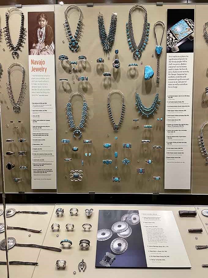 Historic Navajo jewelry displays reveal the stunning artistry and technical skill that have made these pieces treasured for generations.