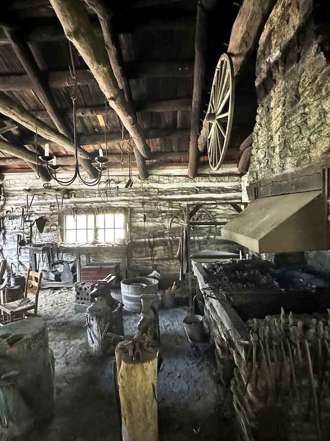 This working blacksmith shop operates just as it did when Lincoln walked these grounds, hammer strikes echoing across centuries.
