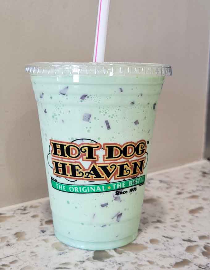 That mint chip shake is thick enough to stand a spoon in, which is exactly how a proper milkshake should behave in polite society.
