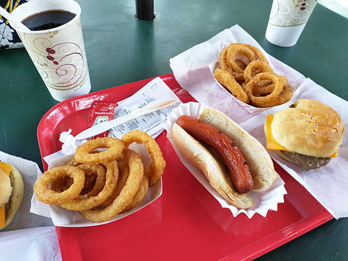 Nothing says summer in Ohio quite like a perfectly steamed hot dog nestled in a soft bun, with crispy onion rings standing guard.