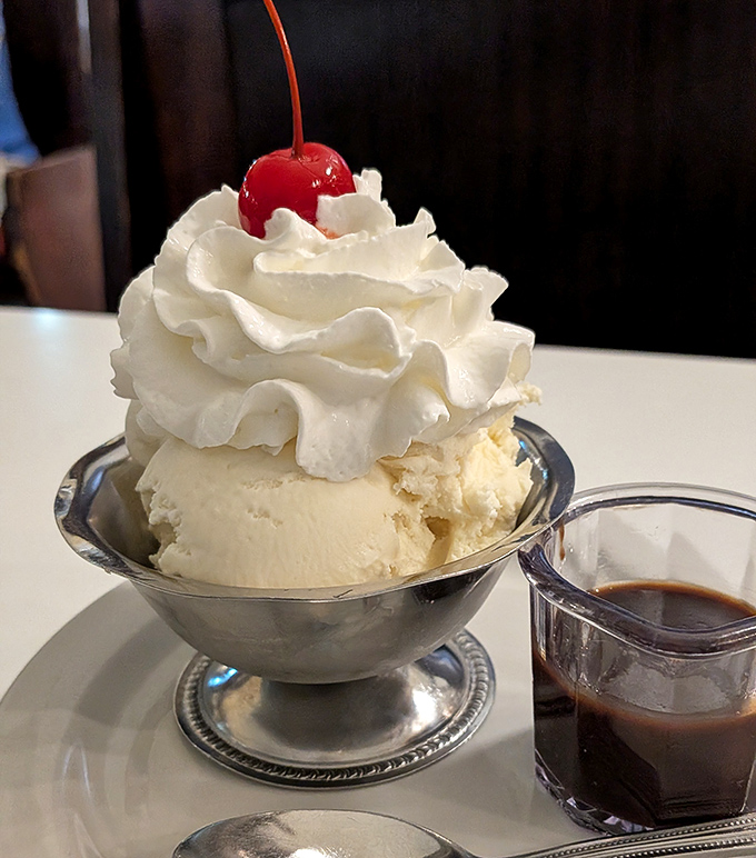 Behold the crown jewel of Lagomarcino's&mdash;vanilla ice cream baptized in hot fudge so divine it deserves its own religious denomination.
