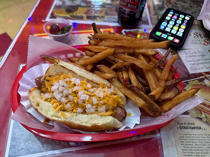 The perfect partnership: a classic dog loaded with toppings alongside fries that could steal the show if the hot dog weren't so charismatic.