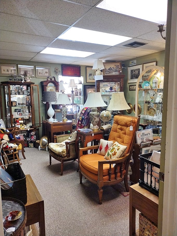 Mid-century modern meets Victorian elegance in this eclectic sitting area &ndash; a time-traveler's living room if I ever saw one.