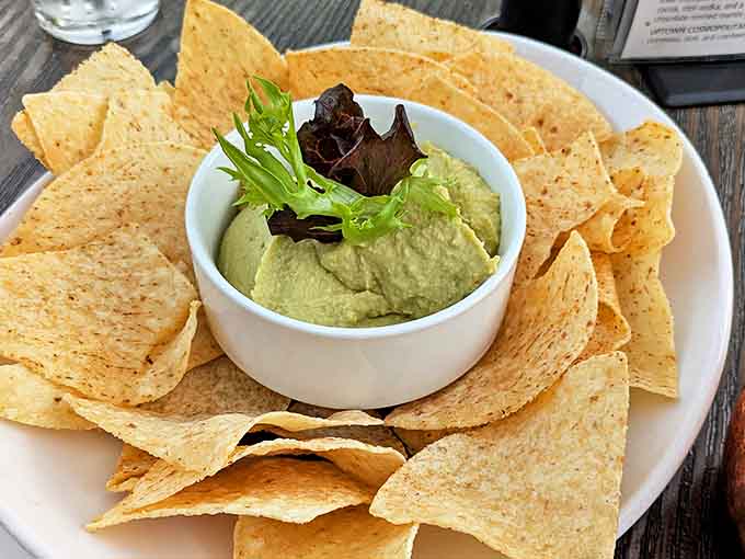 The Avocado Hummus comes surrounded by a crown of crisp tortilla chips &ndash; a contemporary starter in this historic setting.