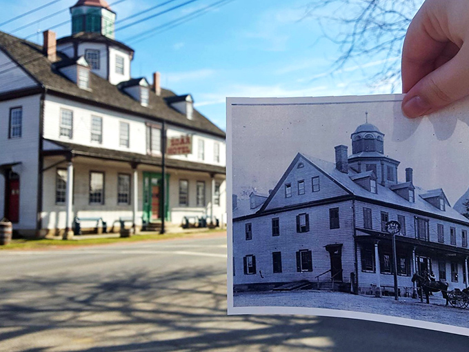 Then and now: The Zoar Hotel's distinctive silhouette has remained largely unchanged since canal boats brought visitors to this remote German settlement.