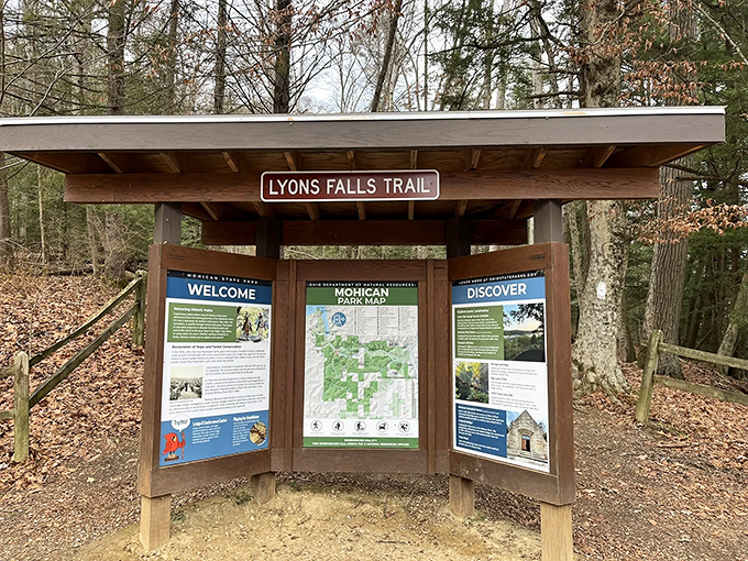 The Lyons Falls Trail welcomes adventurers with clear information &ndash; nature's version of "you are here" without the mall directory vibes.