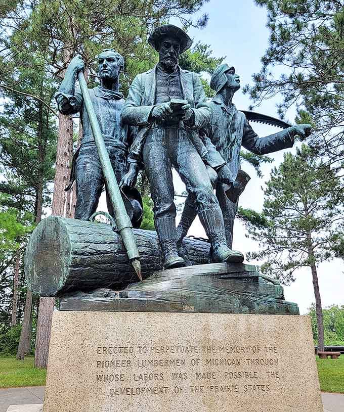 The Lumberman's Monument stands tall, honoring the rugged souls who shaped Michigan with sweat and determination before power tools were even a dream.