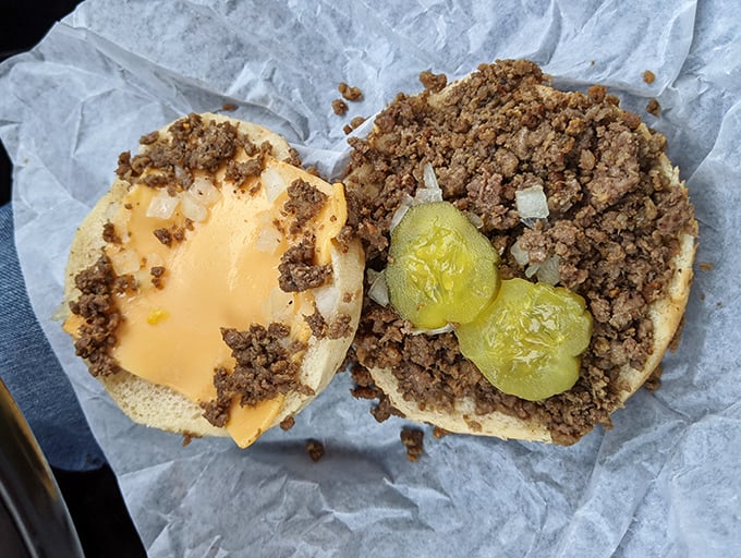 Behold the famous loose meat sandwich in all its glory &ndash; seasoned ground beef with pickles, a culinary masterpiece of beautiful simplicity.