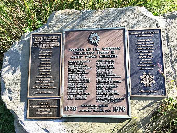 This memorial honors Revolutionary War soldiers, their names preserved in bronze as testament to sacrifices made at America's founding.