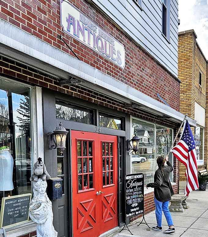 Midwest Memories Antiques beckons with its bright red door &ndash; a portal to treasures waiting for their next chapter.